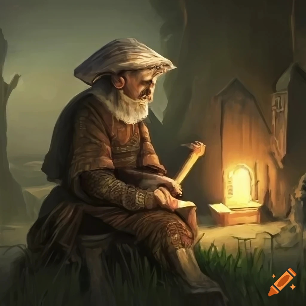 Medieval grave keeper in a cemetery with a Rembrandt-inspired style on ...