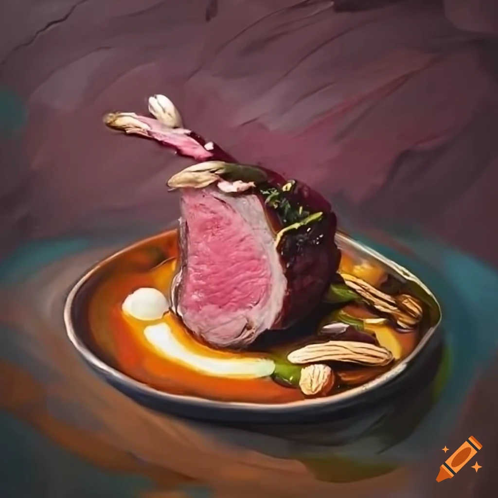 Delicious lamb dish with glazed beet puree and roasted asparagus on Craiyon