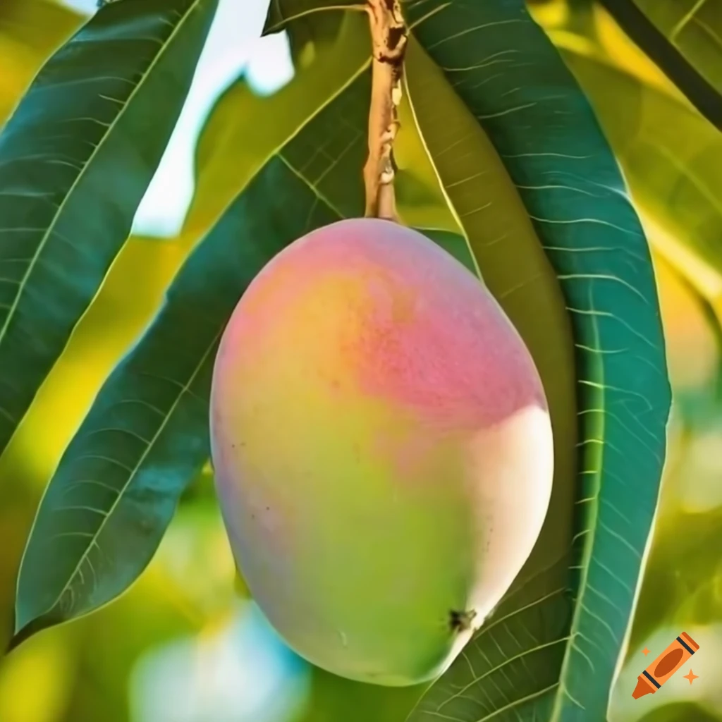 Ripe mangos hanging from a mango tree under a sunny summer sky on Craiyon