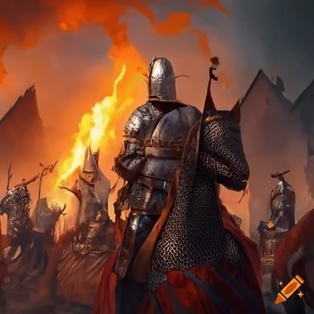 Sword battle in westeros with knights charging towards a castle amidst ...