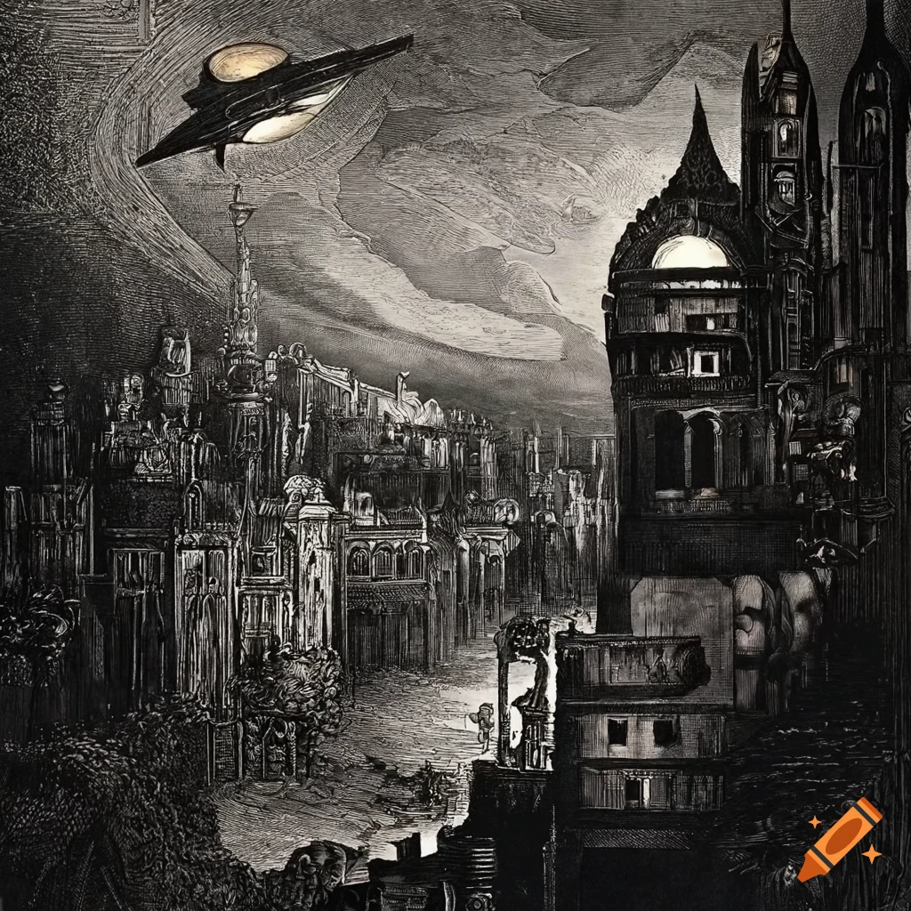 Surreal Mezzotint of a 1970s science fiction city with black fire and steampunk elements on Craiyon