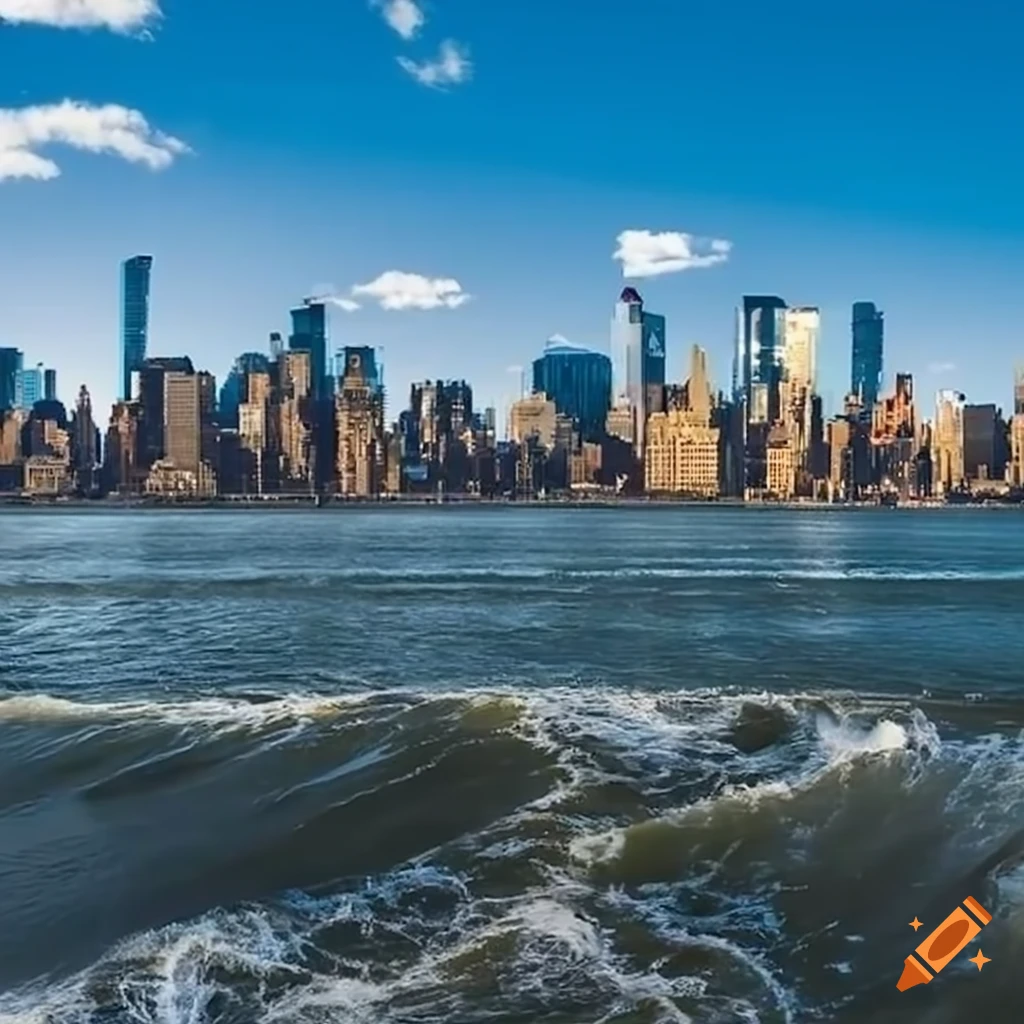 Towering tidal wave striking New York City skyline on Craiyon