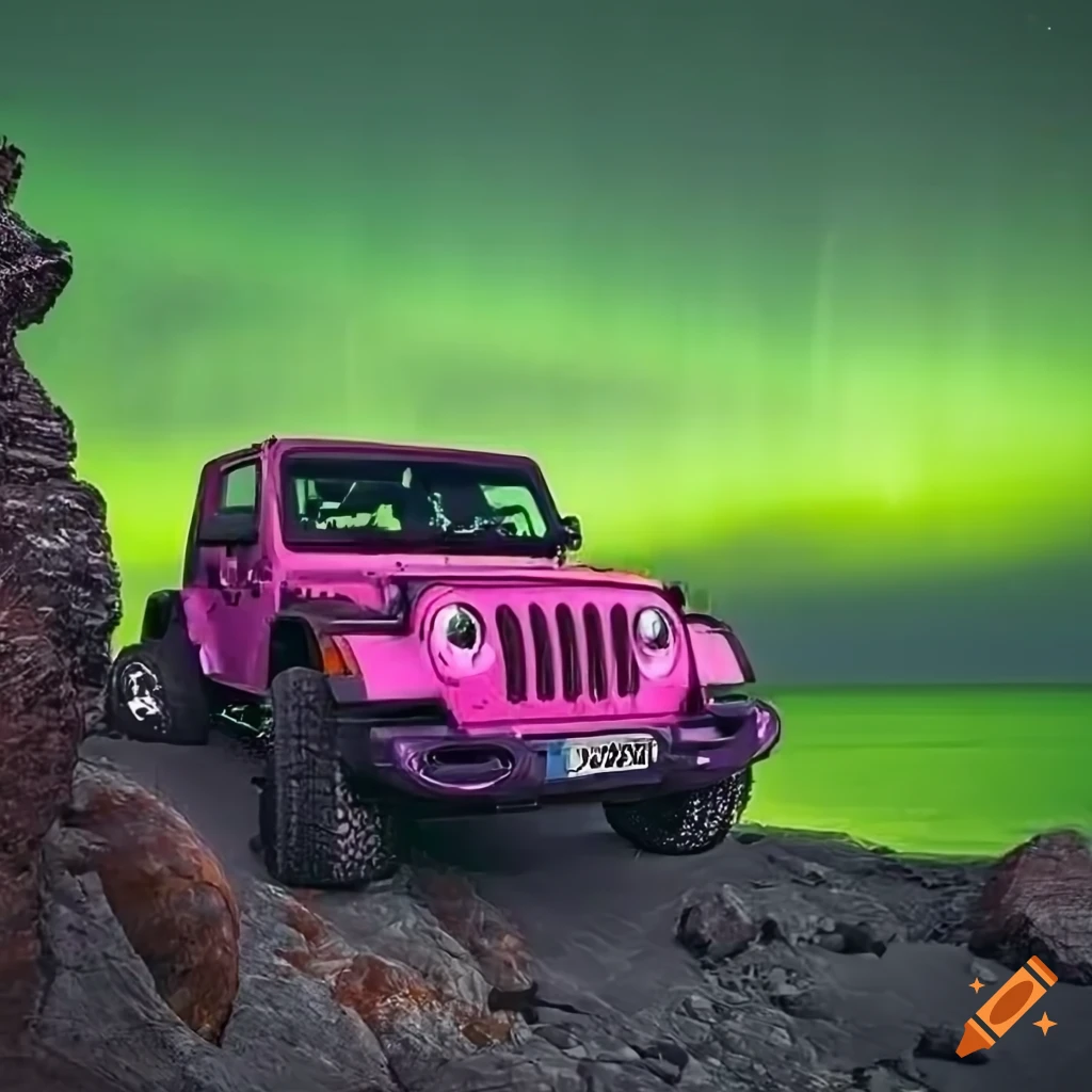 Pink Jeep Wrangler at the Norwegian North Cape with Aurora Borealis on ...