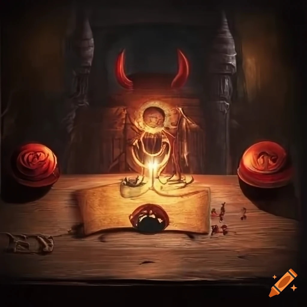 Medieval scroll with mysterious symbols and a red seal in a demon's ...