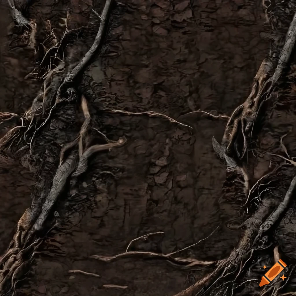 Black tree roots in forest floor mud with orange leaves texture on Craiyon