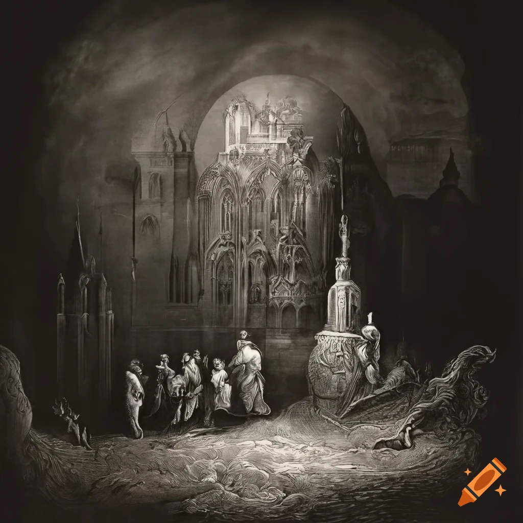Surreal mezzotint art featuring tall giants, dwarfs, and a gothic ...
