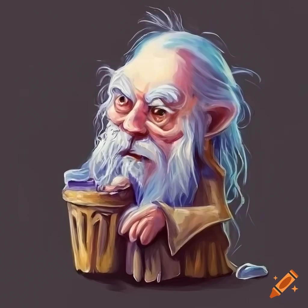 Cartoony detailed drawing of an old wizard in a trash bin on Craiyon