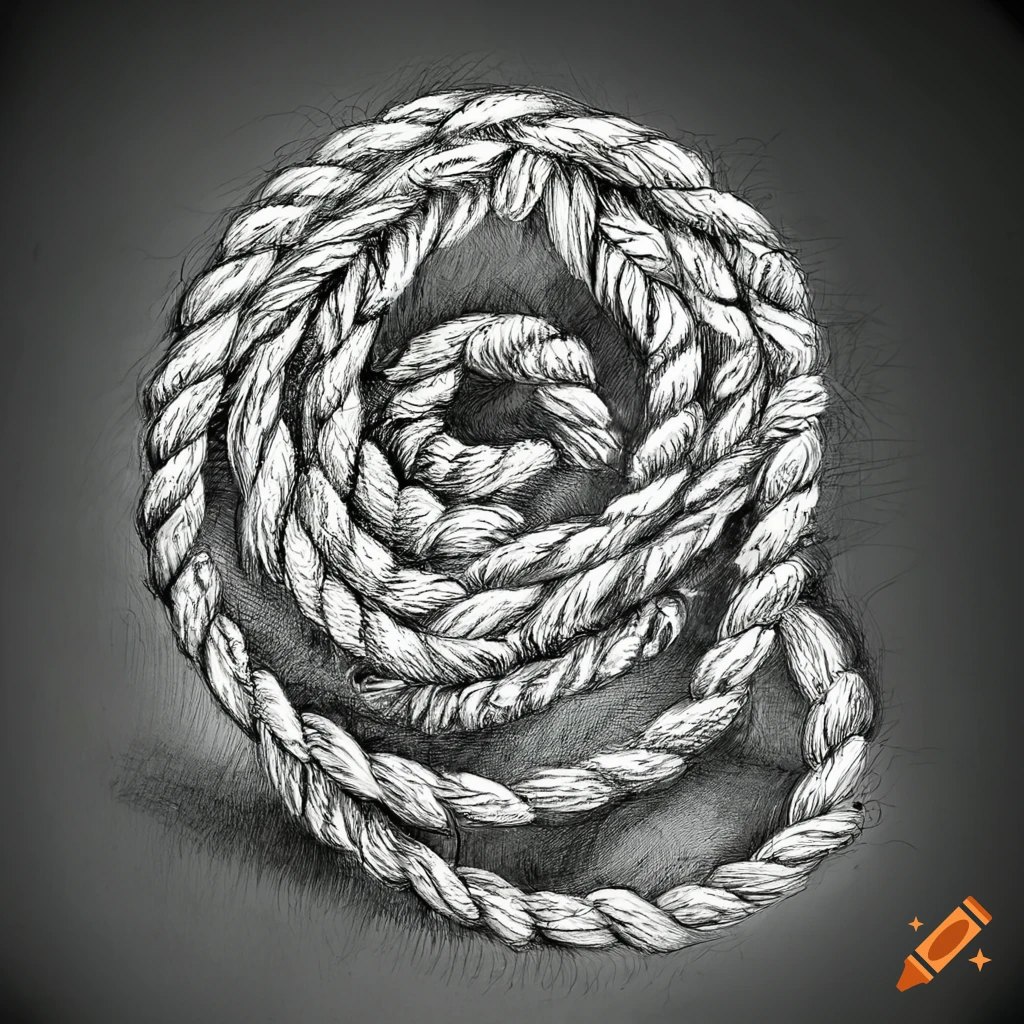 Intricate black and white pencil sketch of a 3 strand choir rope on Craiyon