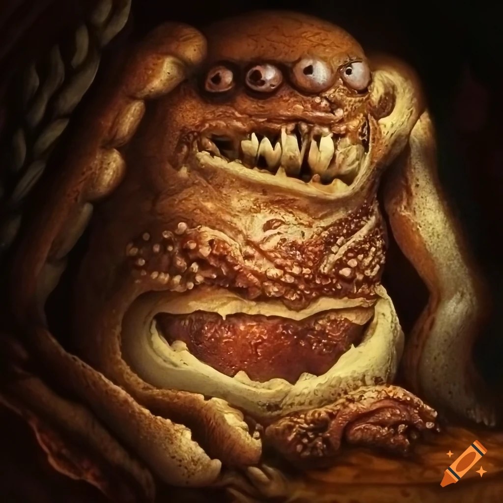 Detailed bread loaf monster with teeth, tentacles, and pustules on Craiyon