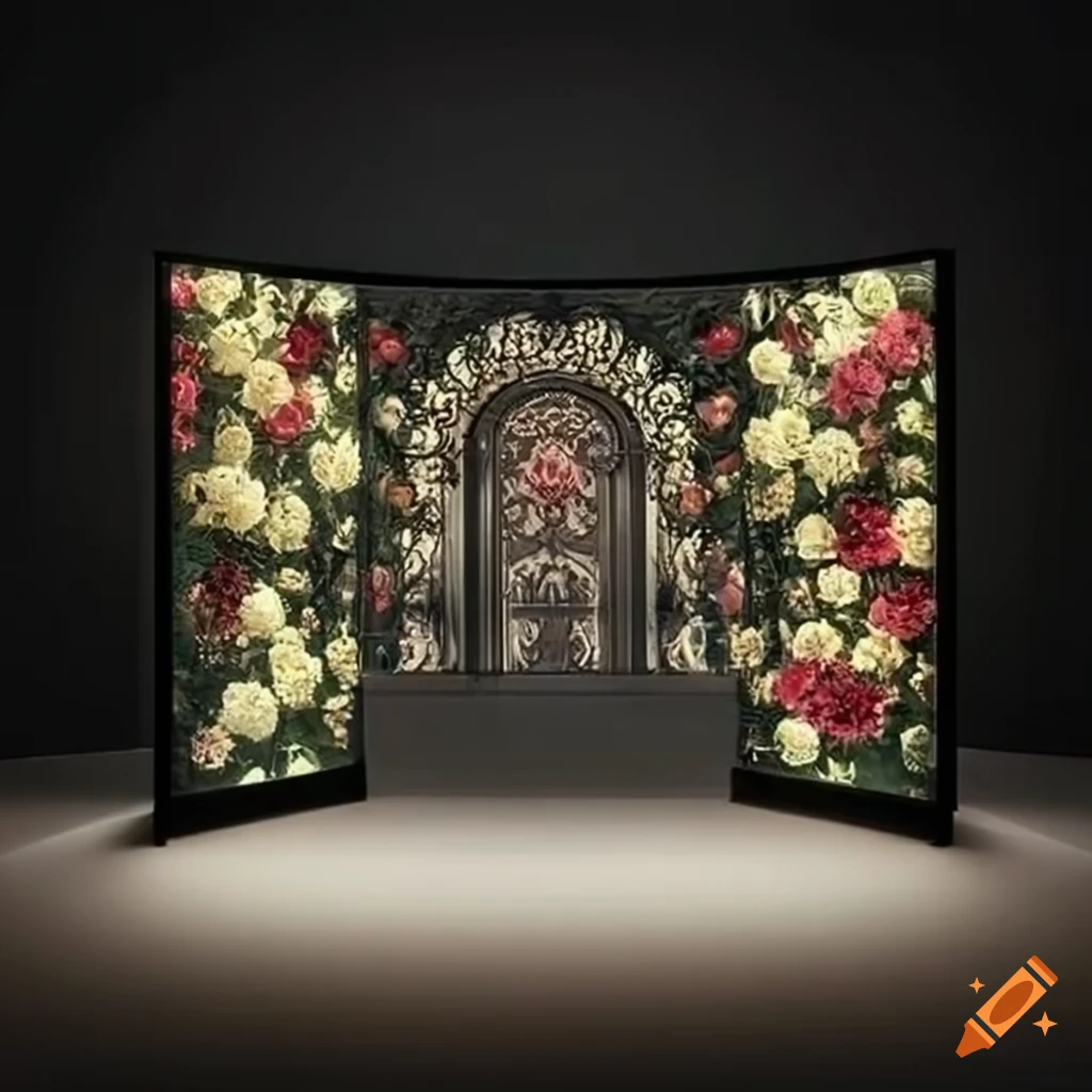 Decorative LED screen stand with flower columns on Craiyon