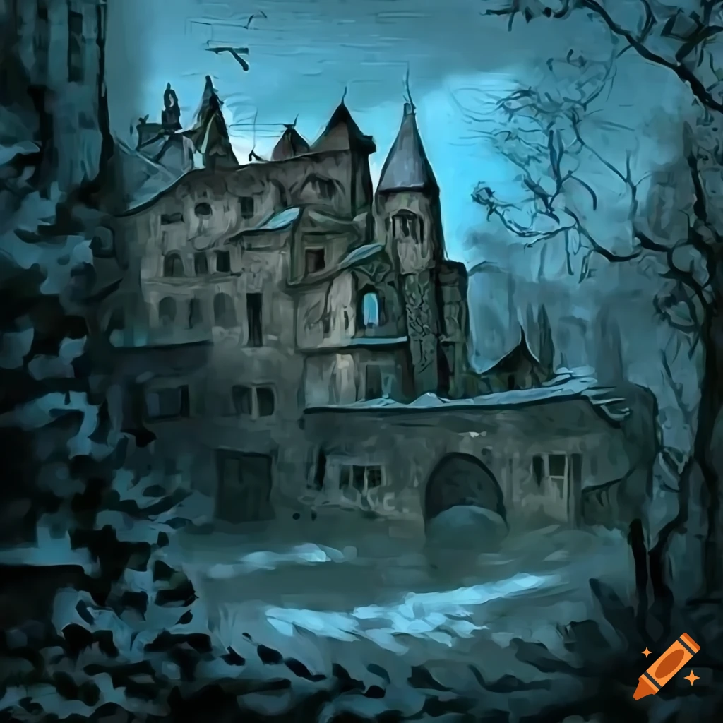 Medieval village in a winter landscape with ivy-covered castle on Craiyon