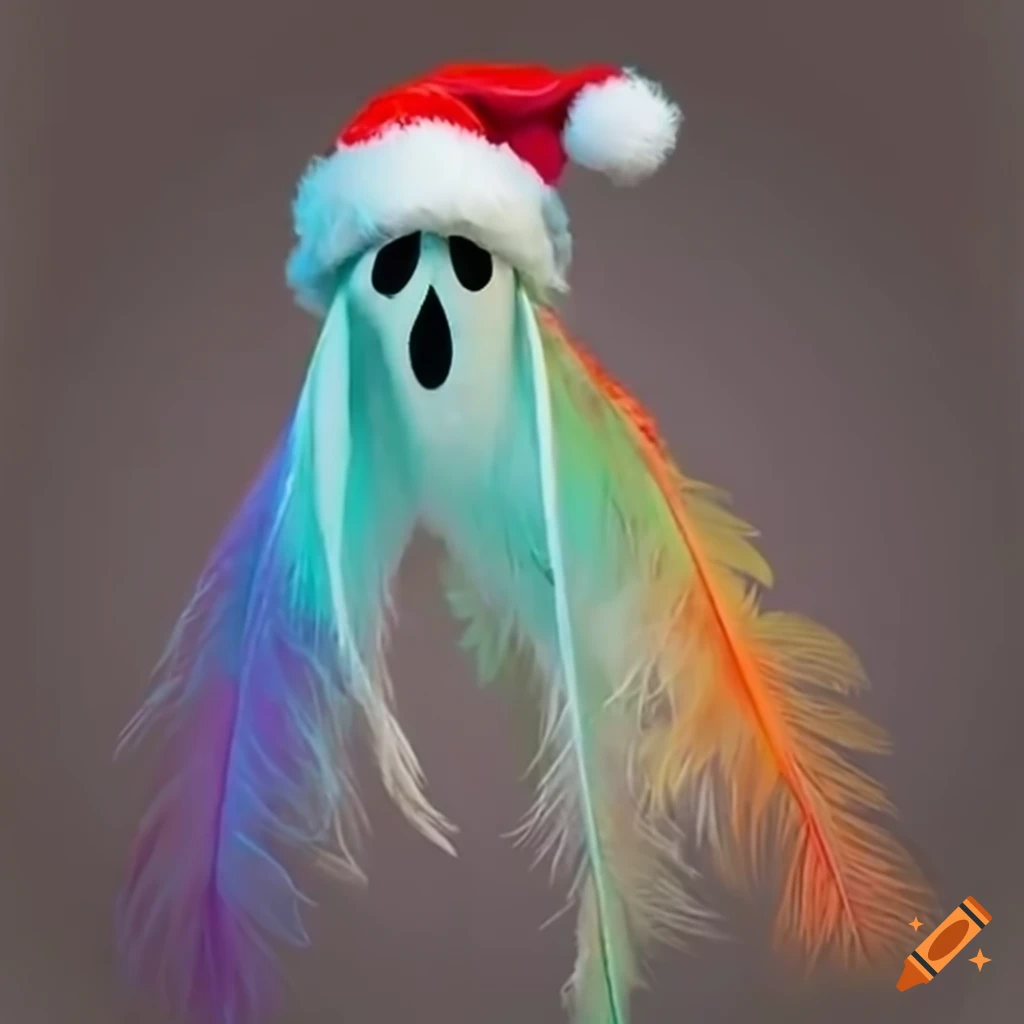 Halloween ghost with turkey tail feathers wearing a Santa hat on Craiyon