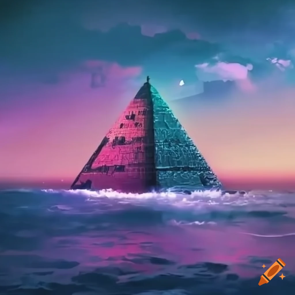 KLF pyramid blaster in anime ocean sky with music notes on Craiyon
