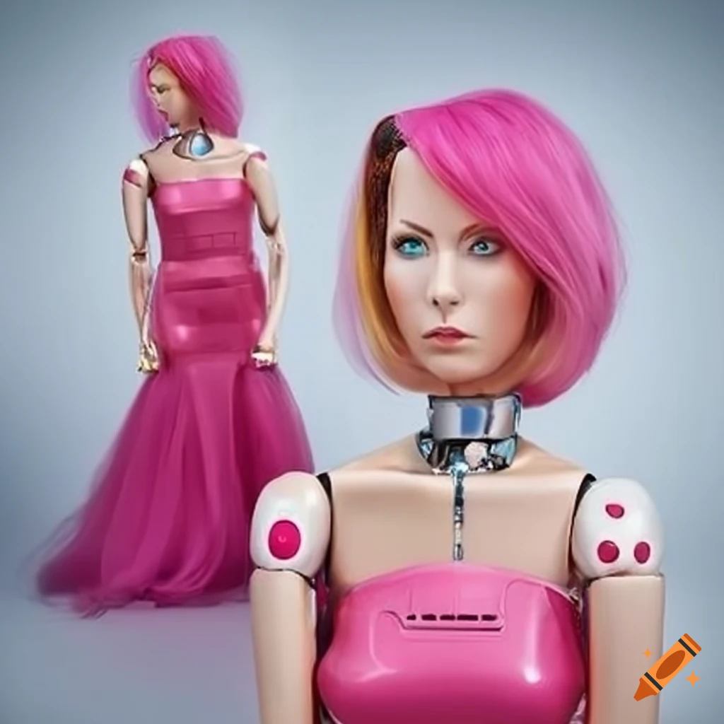 Beautiful 6-inch tall female humanoid robot in pink dress with golden ...