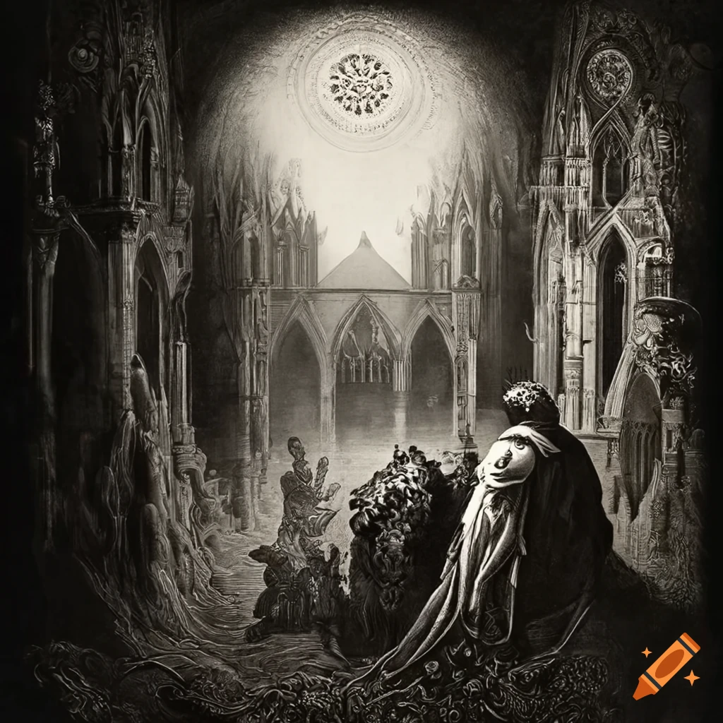 Surreal black and white art of tall giants, small dwarfs, and a gothic ...