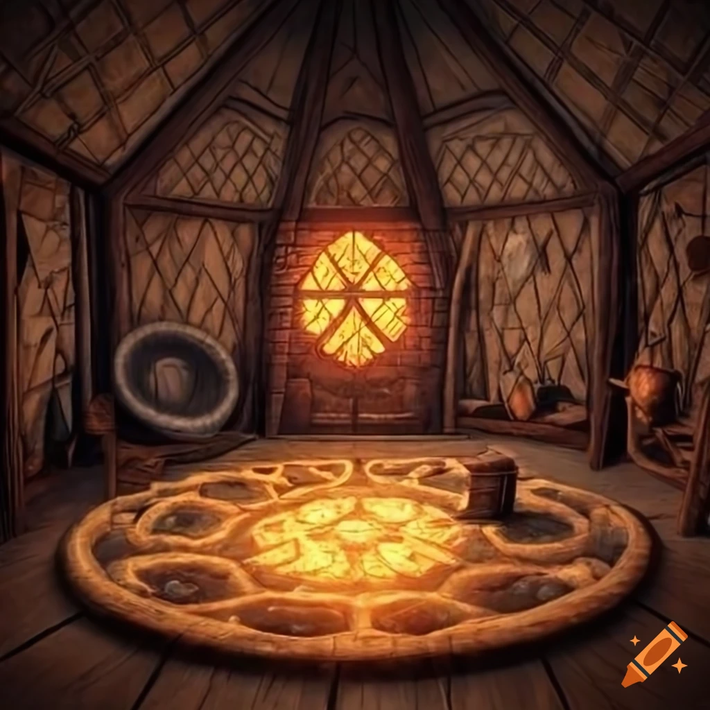 Interior of a medieval witch's hut with a glowing geometric pattern on ...