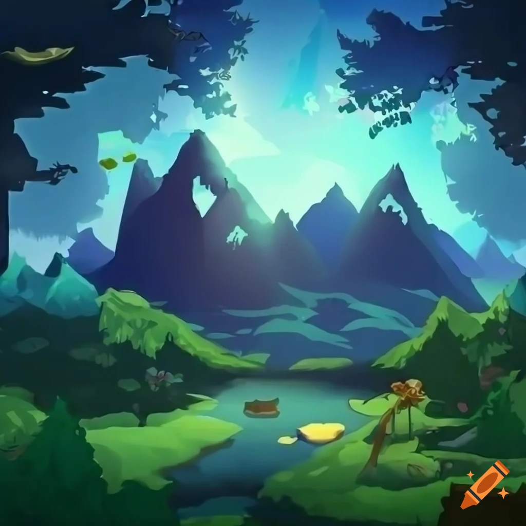 Maplestory-style game background of a forest and mountains in a ...