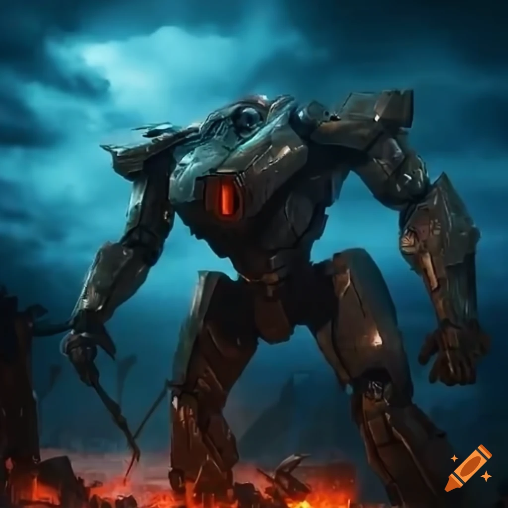 Giant Titan Mecha in a war scene with multiple colors on Craiyon