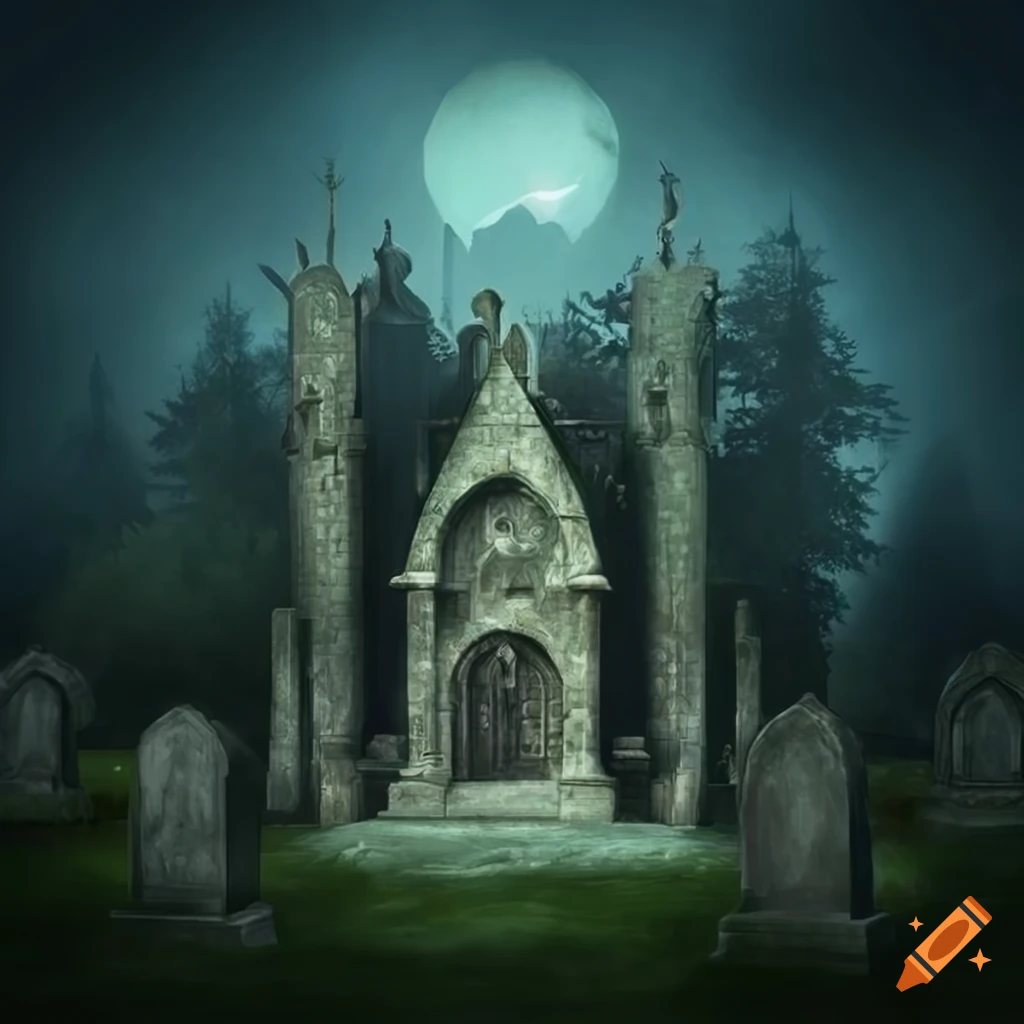 Medieval funeral monument in a mystic cemetery with realistic fantasy ...