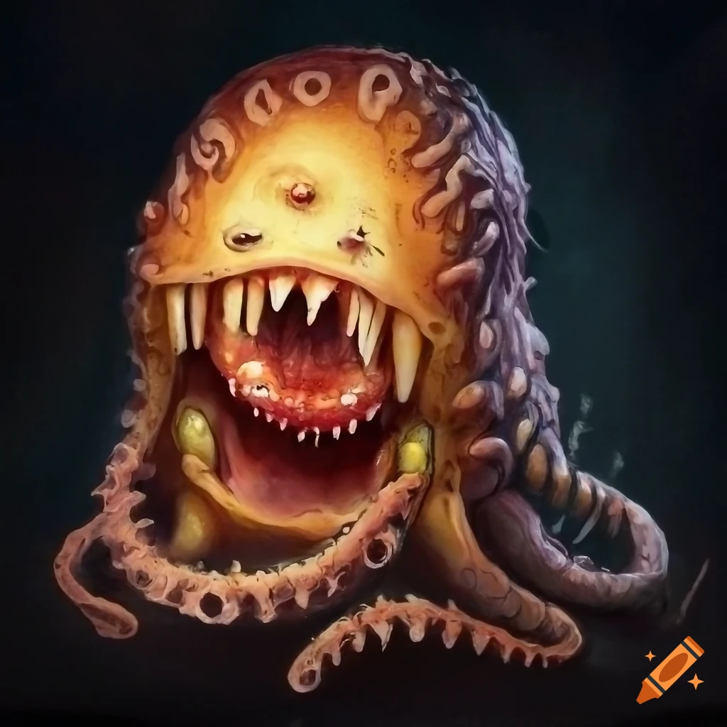 Highly detailed loaf of bread monster with teeth, tentacles, and ...