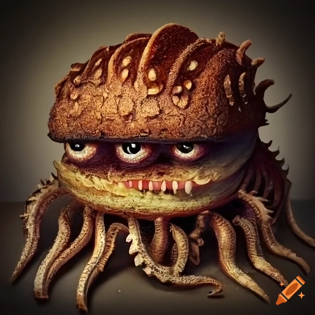 Detailed bread loaf monster with teeth, tentacles, and pustules on Craiyon