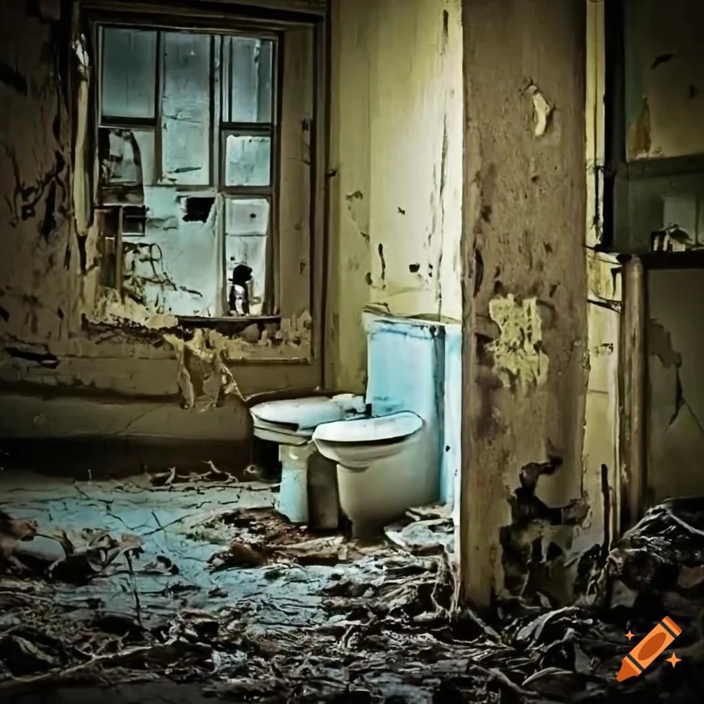 Dilapidated 1940s institutional bathroom with filthy toilets and ...