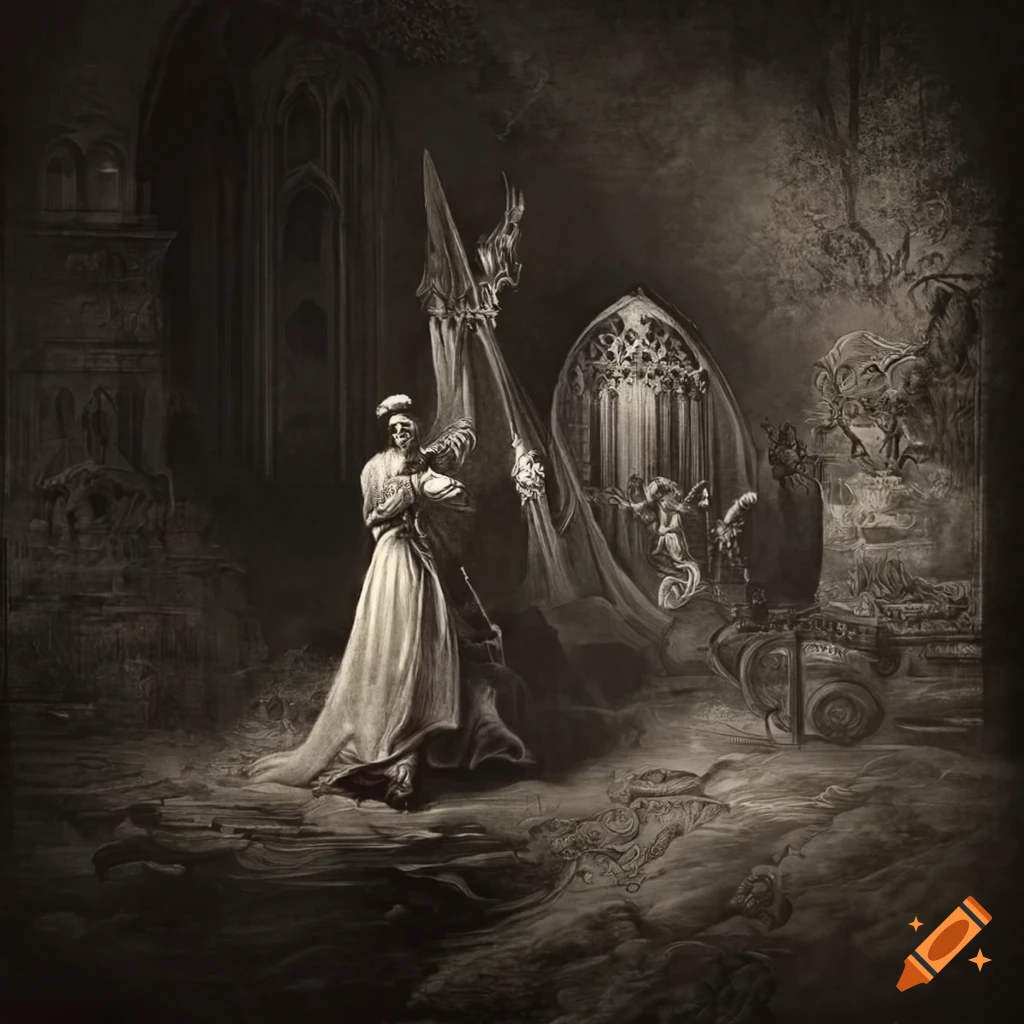 Surreal mezzotint art featuring tall giants, dwarfs, and a gothic ...