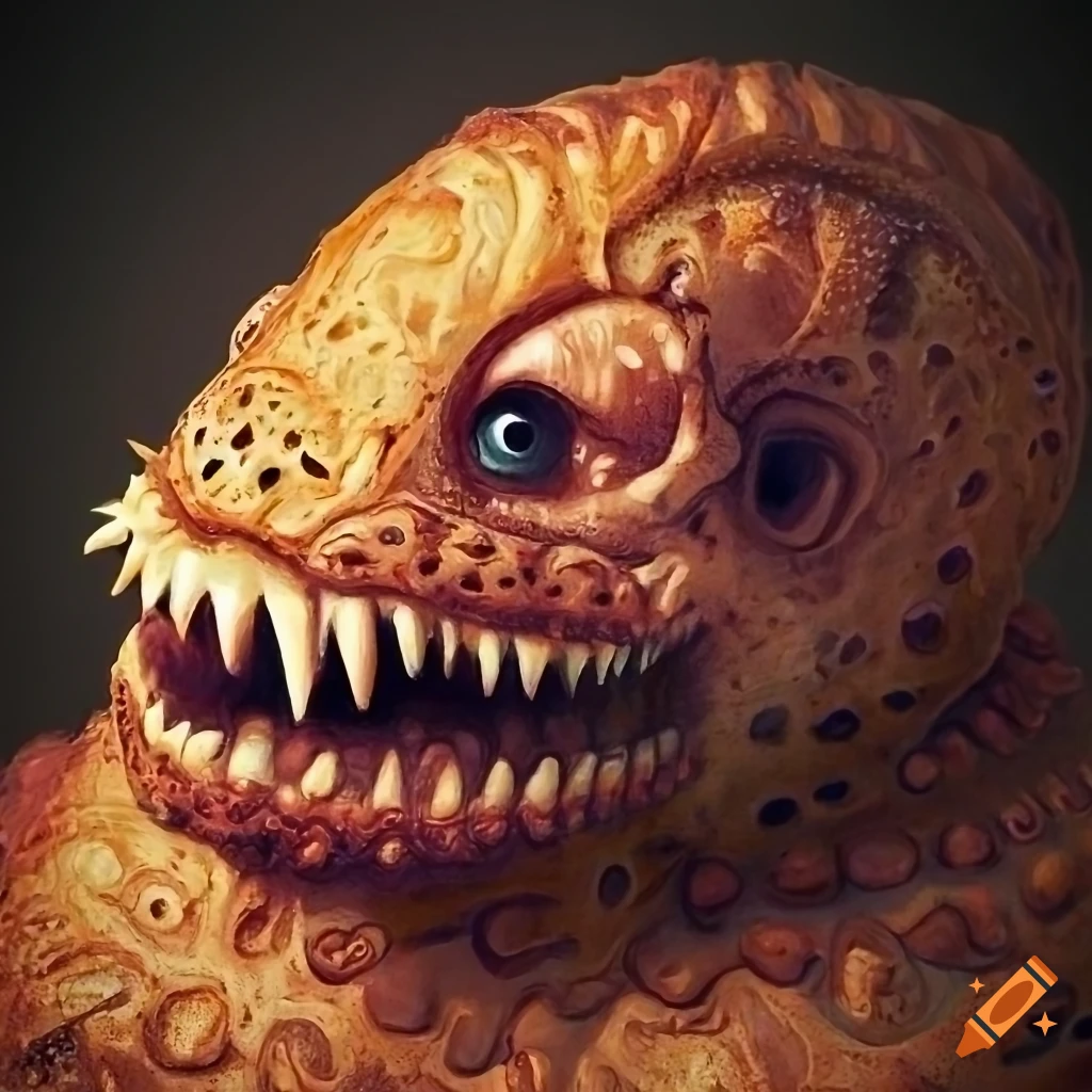 Detailed bread loaf monster with teeth, tentacles, and pustules on Craiyon