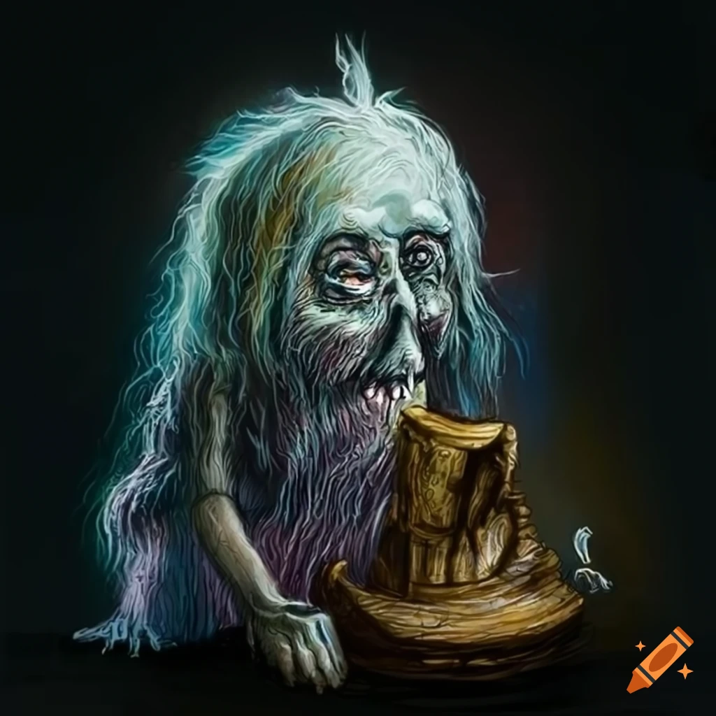 Detailed drawing of a wizard surrounded by trash on Craiyon