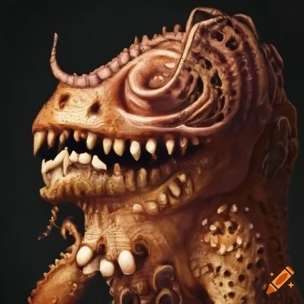 Detailed bread loaf monster with teeth, tentacles, and pustules on Craiyon