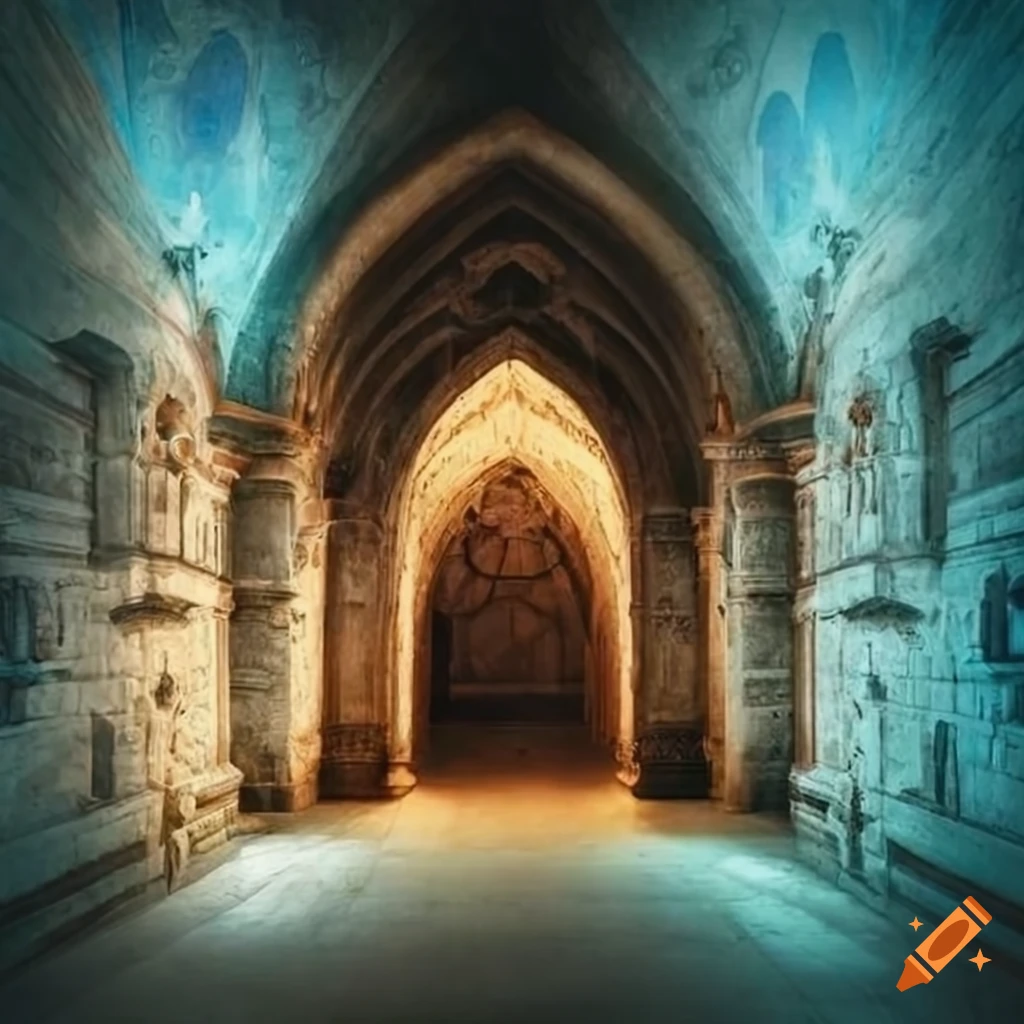 Intricately detailed medieval crypt illuminated by ethereal light ...