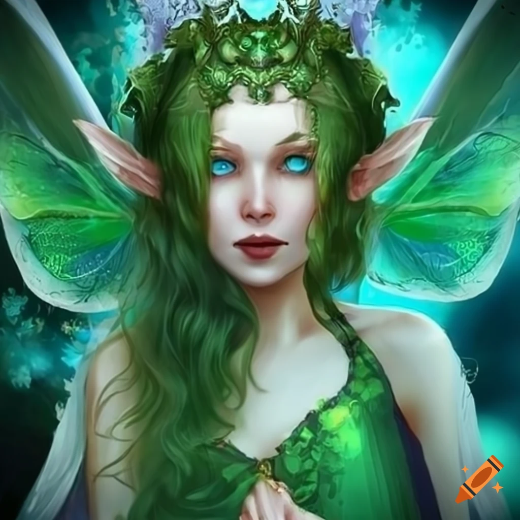Arch Fey Queen in a green dress with pale skin on Craiyon