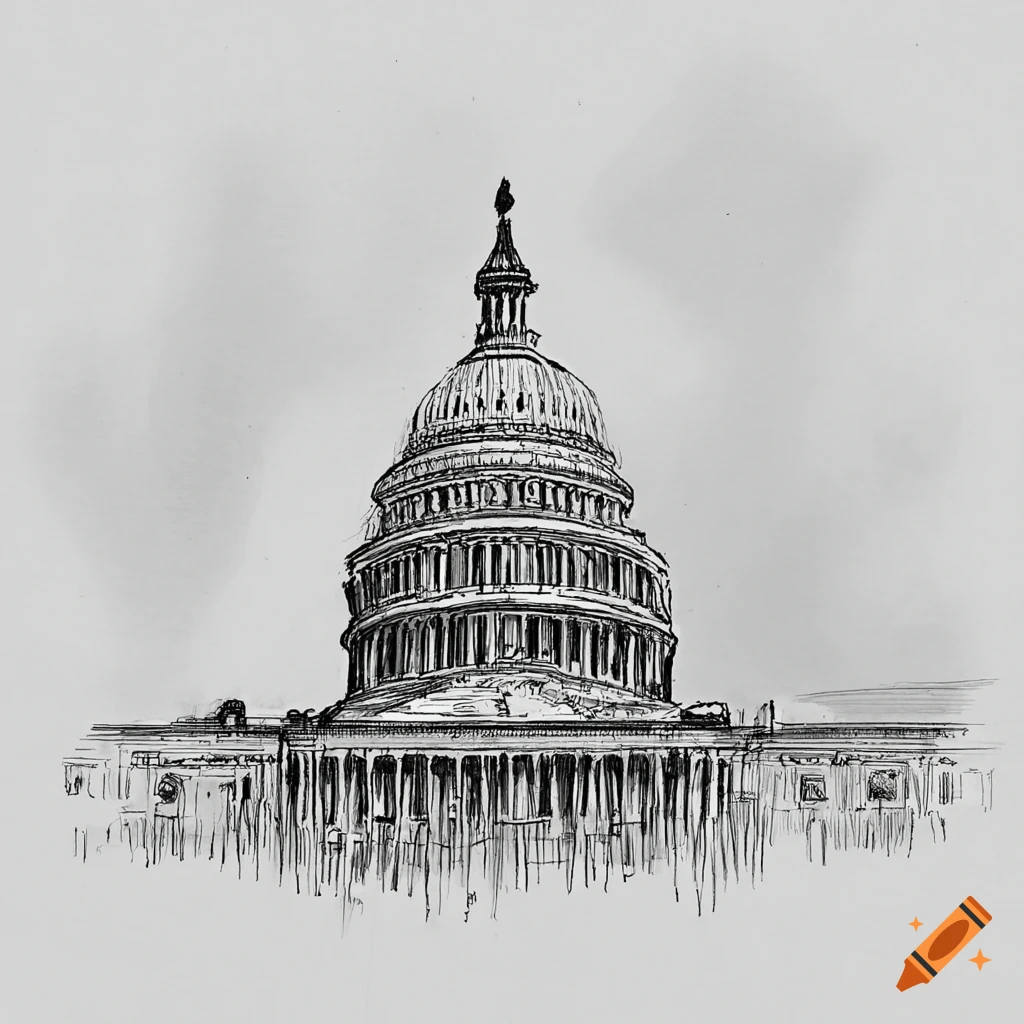 Sketch of the U.S. Capitol building in black and white with minimal ...