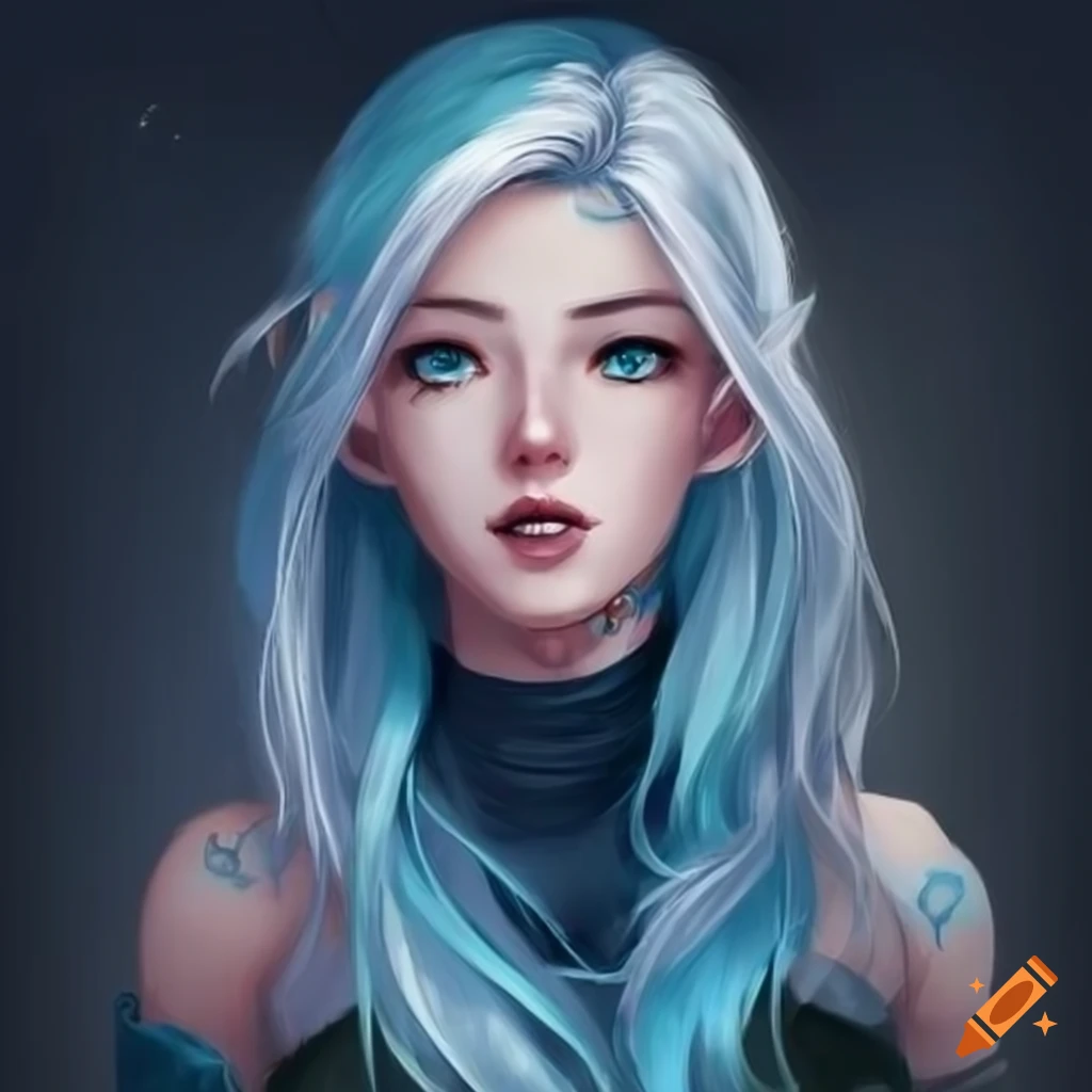 Beautiful half-elf with blue skin and white hair on Craiyon