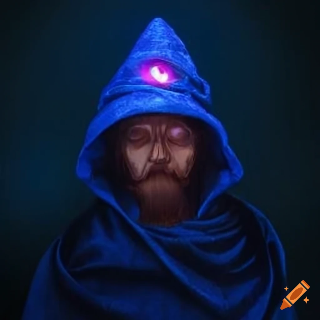 Wooden wizard in deep blue robe with glowing eye on Craiyon