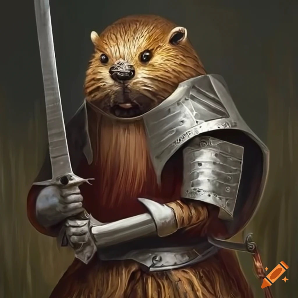 Beaver in medieval armor wielding a broadsword in unique artwork on Craiyon