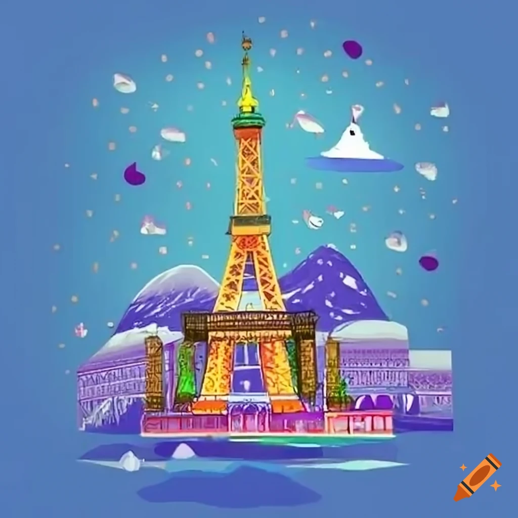 Cartoon-style doodle art of famous landmarks: Eiffel Tower, Mount Fuji ...