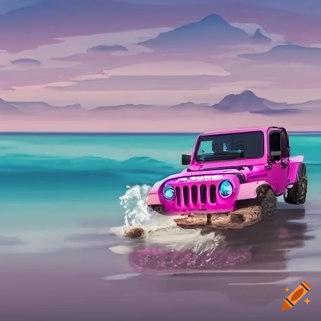 Pink jeep wrangler driving on an exotic beach with splashing water ...