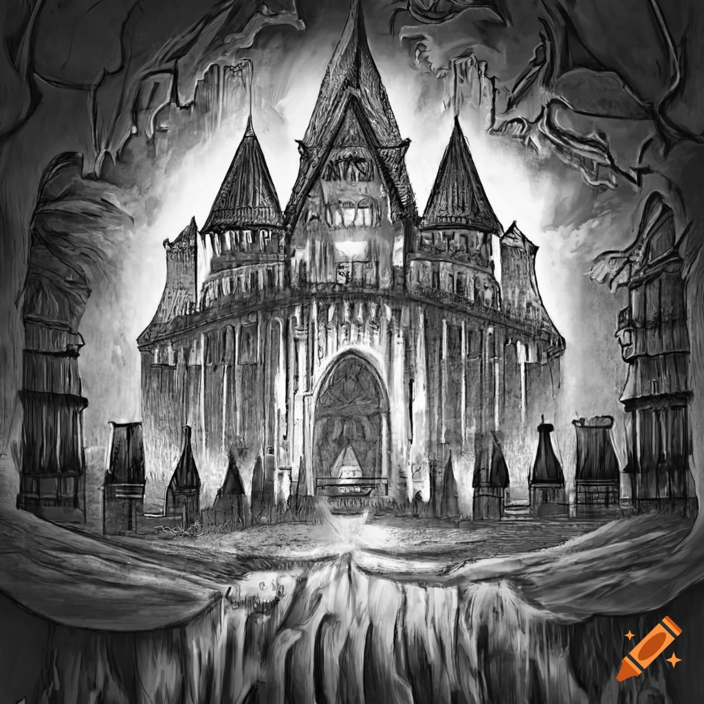 Black and white drawing of a mystical kingdom encircled by seven ...