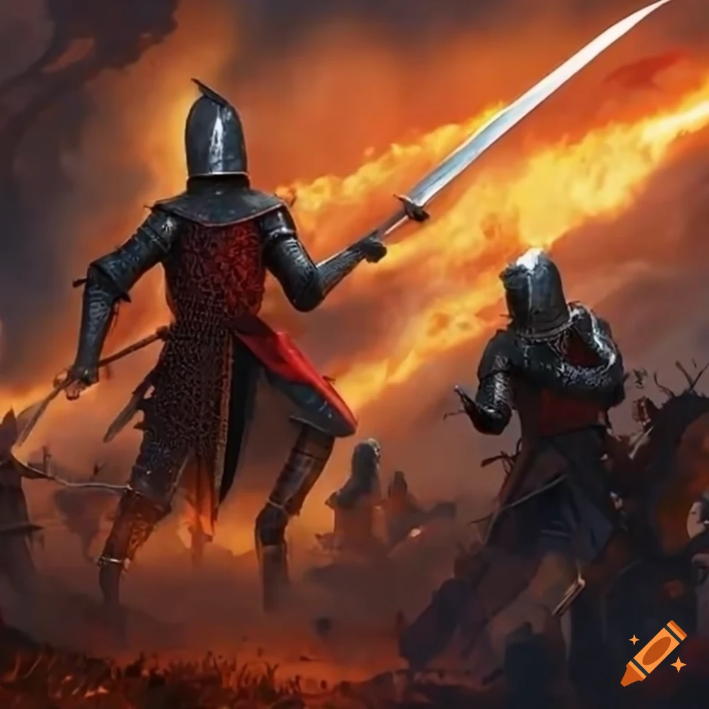 Sword battle in westeros with knights charging towards a castle amidst ...