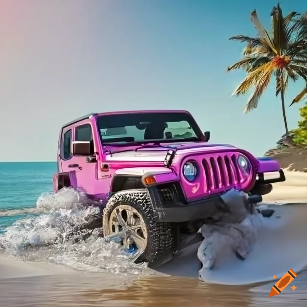 Pink Jeep Wrangler driving on exotic beach with water splashing from ...