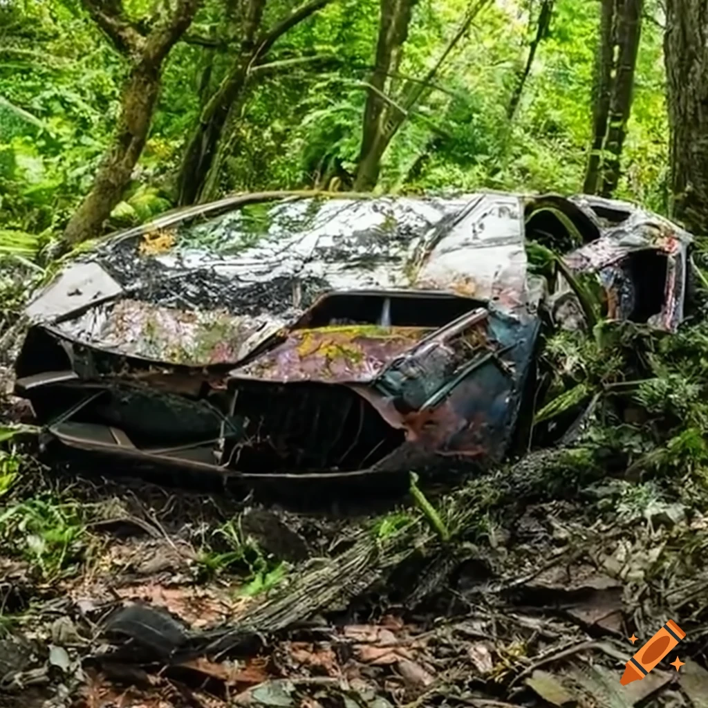 Destroyed Lamborghini in a vine-covered sinister jungle on Craiyon