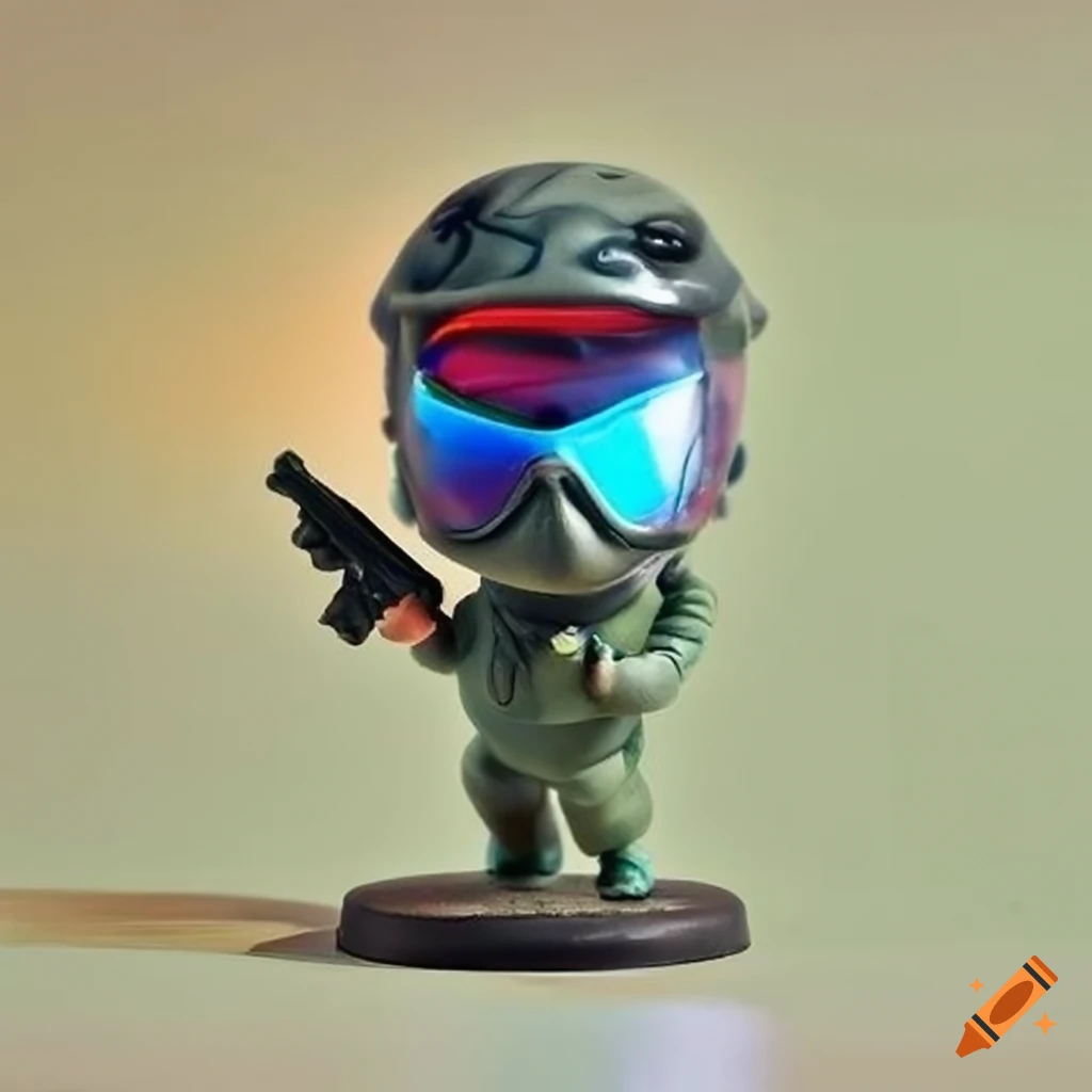 Chibi bobble head figurine playing paintball with colorful face mask ...