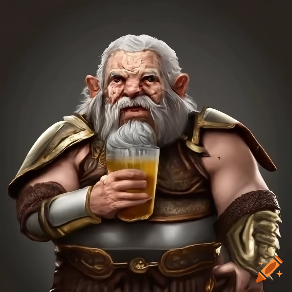 Old dwarf fighter drinking beer in gold armor on Craiyon