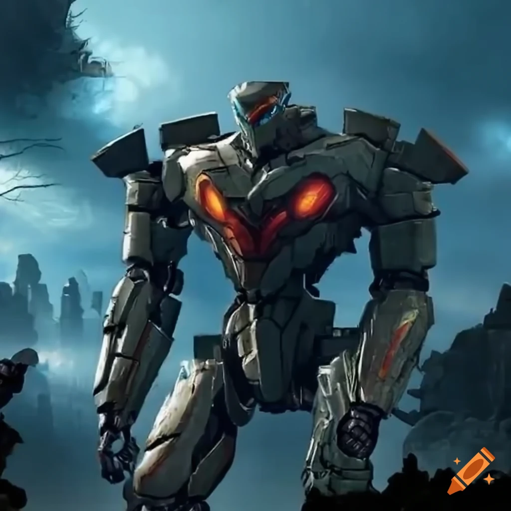 Giant Titan Mecha in a war scene with multiple colors on Craiyon
