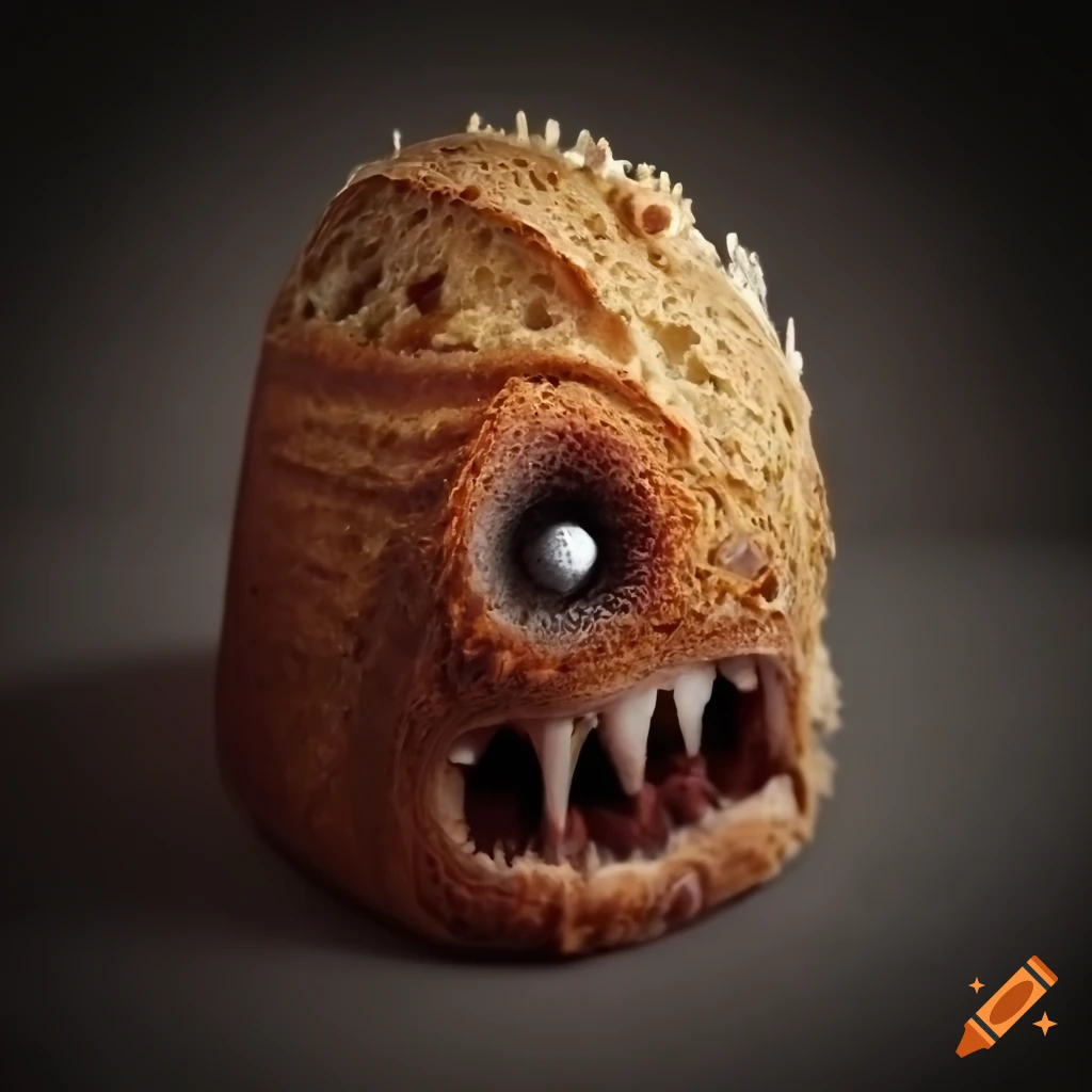 Detailed bread loaf monster with teeth, tentacles, and pustules on Craiyon