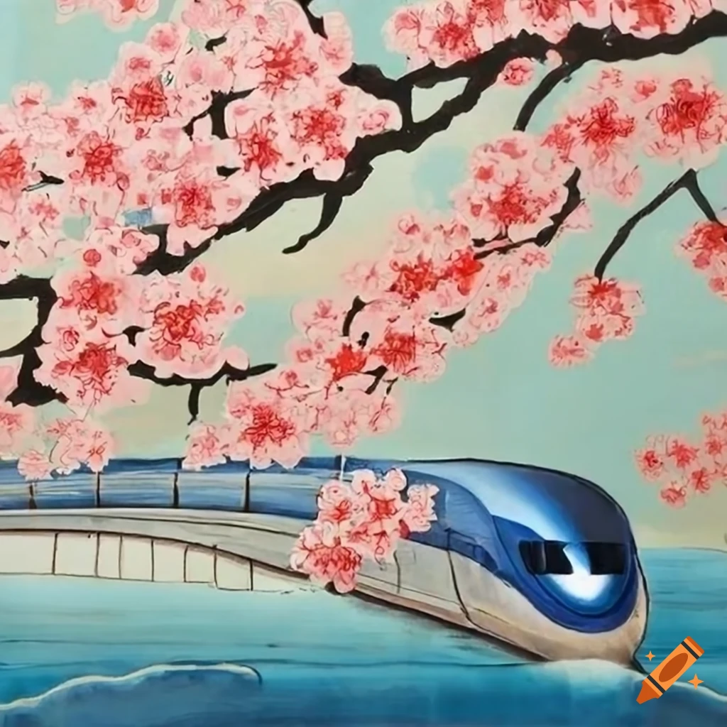 Hand painted traditional Japanese art style Shinkansen train with ...