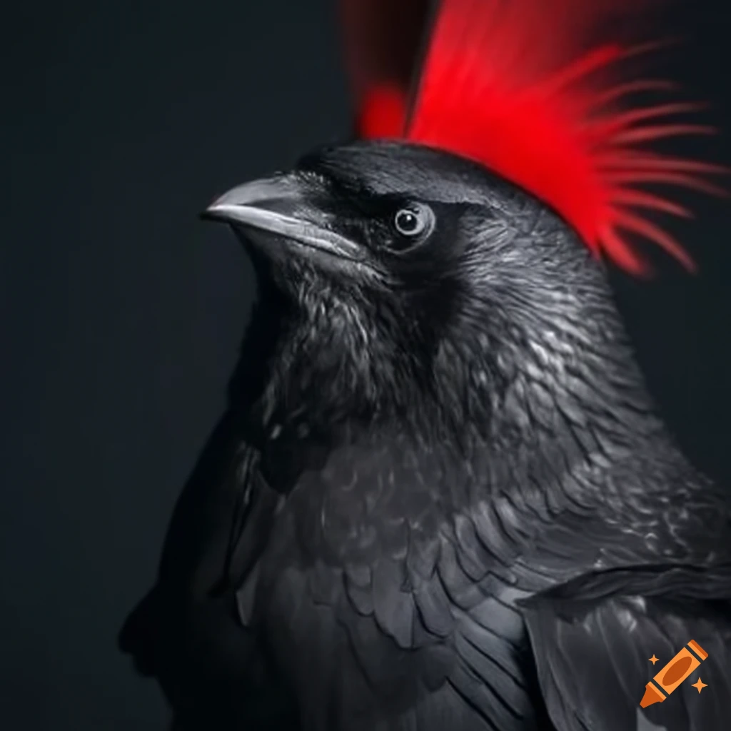 Crow with a red mohawk, monocle, and top hat on Craiyon