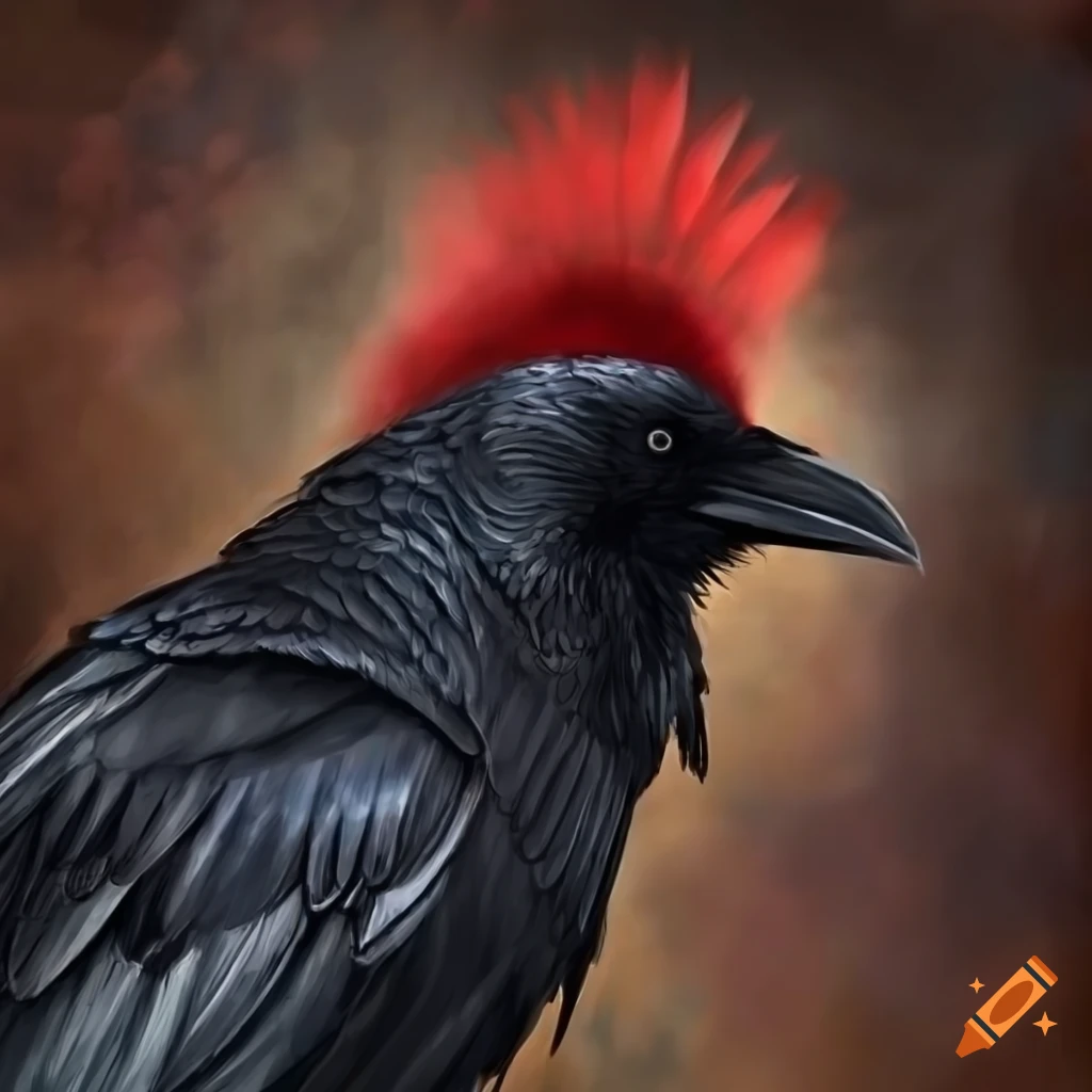 Realistic crow with red mohawk in medieval style on Craiyon