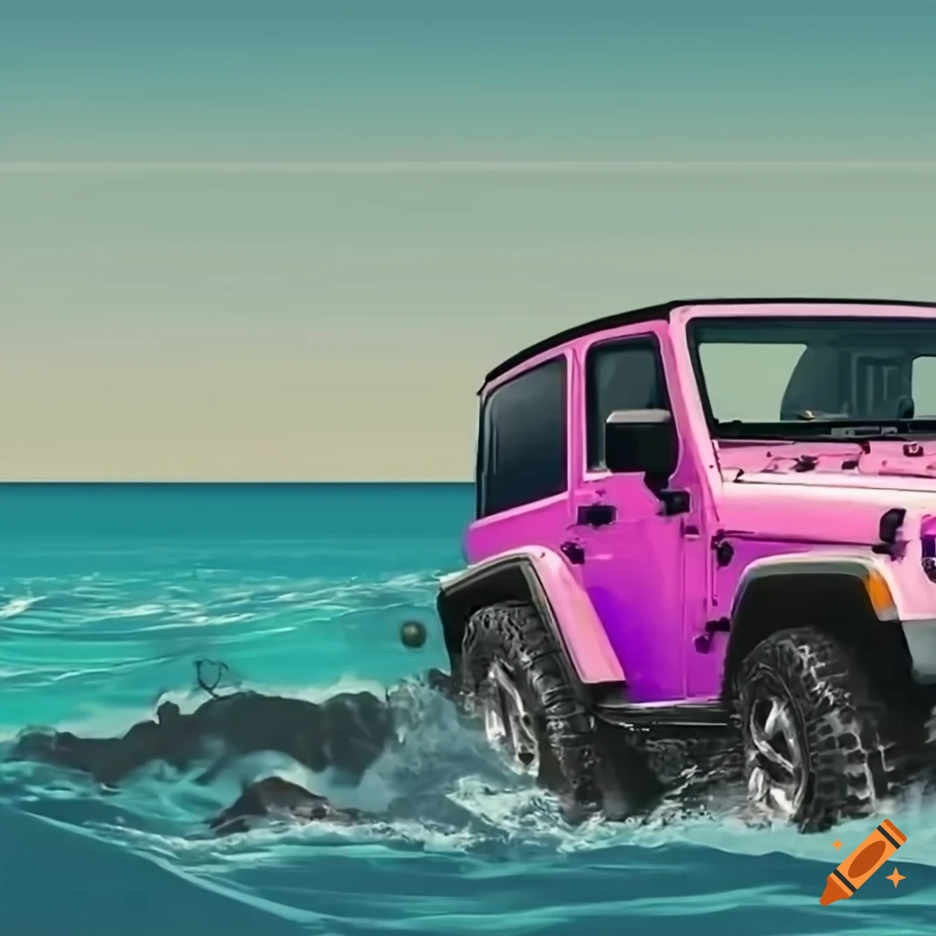 Pink jeep wrangler driving on an exotic beach with splashing water ...